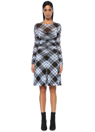 Diane Von Furstenberg Kadın Mavi Ekoseli Drapeli Uzun Kollu Mini Elbise XS EU