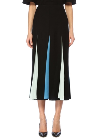 Carolina Herrera Kadın Siyah Renkli Şifon Garnili Pilili Midi Krep Etek 6 US