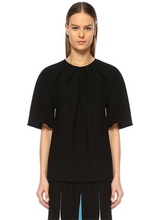Carolina Herrera Kadın Siyah Bisiklet Yaka Drapeli Yarım Kol Bluz 0 US