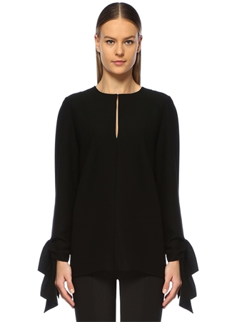 Carolina Herrera Kadın Siyah Bisiklet Yaka Kolları Bağcık Detaylı Bluz 8 US