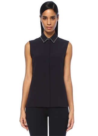 Victoria by Beckham Kadın Siyah Yakası Taş Şeritli Kolsuz Gömlek Lacivert 2 US