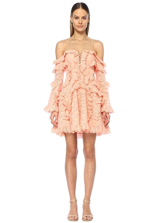 Thurley Kadın Ebony Somon Straplez Dantelli Mini Kokteyl Elbise Pembe 0 US