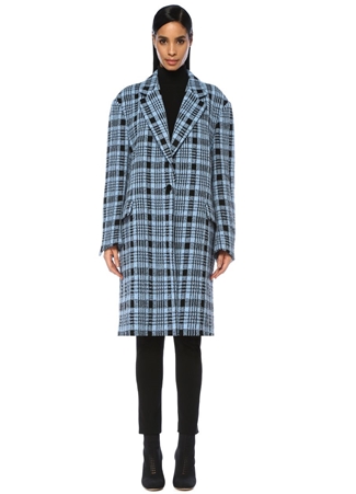 Dries Van Noten Kadın Ratti Mavi Siyah Kelebek Yaka Ekoseli Yün Palto 38 IT