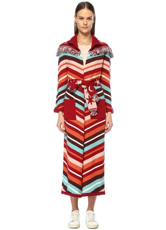 Hayley Menzies Kadın Sunset Kırmızı Çizgili Kuşaklı Püsküllü Uzun Hırka S Eu