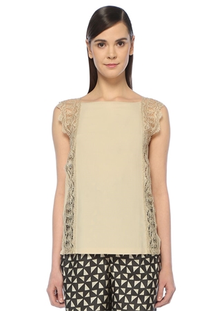 Alberta Ferretti Kadın Bej Kare Yaka Dantel Garnili Kolsuz Bluz 42 IT