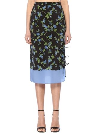 Altuzarra Kadın Felice Siyah Mavi Çiçekli Yırtmaçlı Midi İpek Etek 40 IT