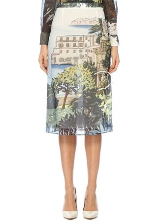 Altuzarra Kadın Felice Beyaz Yüksek Bel Baskılı Midi İpek Etek Mavi 36 IT