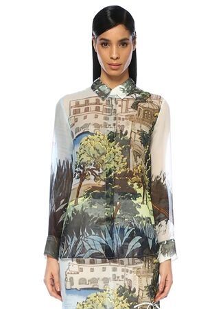 Altuzarra Kadın Chika Manzara Baskılı İpek Gömlek Mavi 36 IT