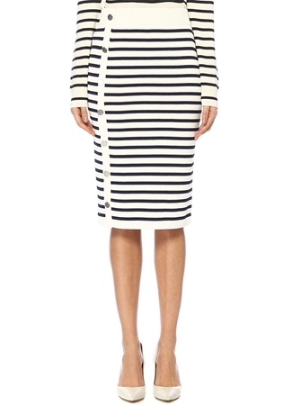 Altuzarra Kadın Enya Beyaz Lacivert Çizgili Midi Triko Etek L Eu