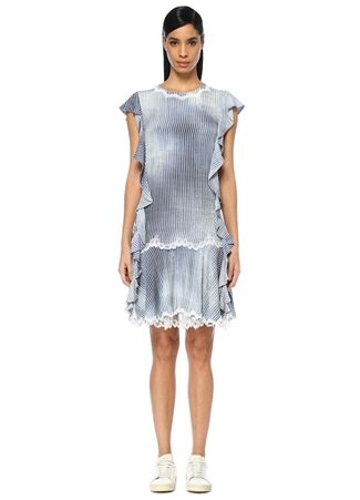 Ermanno Scervino Kadın Marocain Mavi Çizgi Desenli Fırfırlı Midi Elbise 38 IT