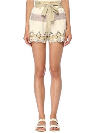 Hemant&Nandita Kadın Mana Bej Beli Kuşaklı Çizgili Nakışlı Şort S EU