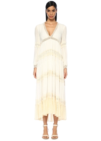 Philosophy di Lorenzo Serafini Kadın Beyaz V Yaka Dantel Şeritli Uzun Kol Midi Elbise 40 IT