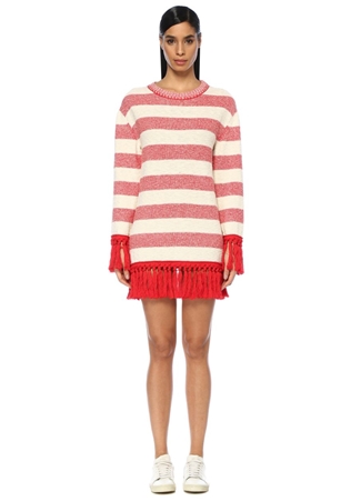 Philosophy di Lorenzo Serafini Kadın Kırmızı Beyaz Çizgili Püsküllü Mini Triko Elbise 40 IT