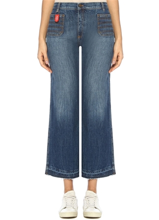 Philosophy di Lorenzo Serafini Kadın Yüksek Bel Bol Paça Patch Detaylı Jean Pantolon Mavi 44 IT