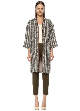 Beymen Collection Kadın İşleme Detaylı Arkası Garnili Uzun Tweed Pardösü Haki 34