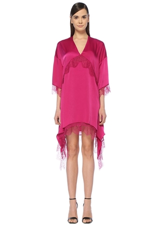 Academia Kadın Şeftali V Yaka Dantel Garnili Midi Saten Elbise Pembe 42