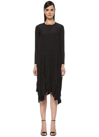 Academia Kadın Siyah Pilili Asimetrik Uzun Kol Midi Elbise 34