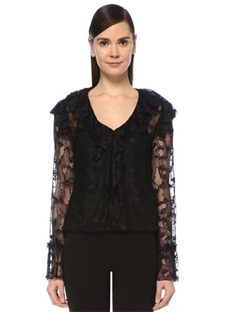 Academia Kadın Siyah V Yaka Volanlı Dantel Bluz 36