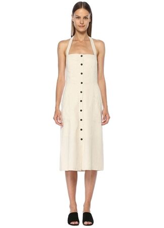 Lost+Wander Kadın Martini Krem Kare Yaka Midi Keten Elbise Bej L EU