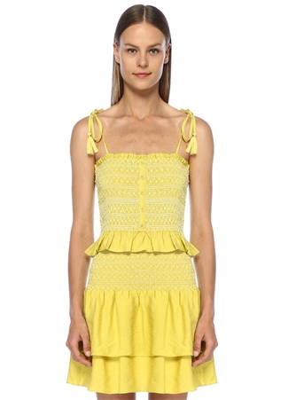 Lost+Wander Kadın Mojito Sarı Omzu Bağcıklı Büzgülü Crop Bluz L EU