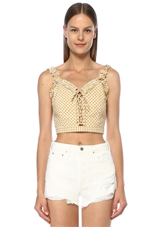 Lost+Wander Kadın Mimosa Sarı Pötikareli Fırfırlı Crop Bluz Beyaz L EU