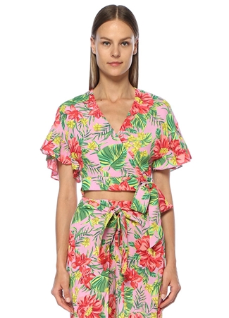 Lost+Wander Kadın Mai Tai Pembe V Yaka Çiçekli Crop Anvelop Bluz L EU