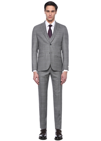 Beymen Collection Erkek Drop 8 Gri Ekose Desenli Yelekli Yün Takım 58 IT