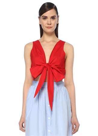 Mds Stripes Kadın Kırmızı Önü Bağcıklı Kolsuz Crop Bluz 2 US