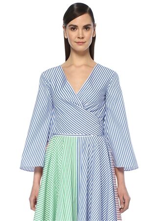 Mds Stripes Kadın Mavi V Yaka Çizgili Arkası Bağlı Çan Kol Bluz 2 US