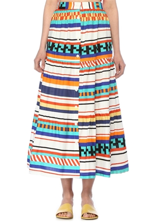 Mds Stripes Kadın Aztec Desenli Önü Düğmeli Midi Etek 2 US
