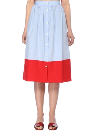 Mds Stripes Kadın Mavi Kırmızı Bloklu Yırtmaçlı Midi Etek 2 US
