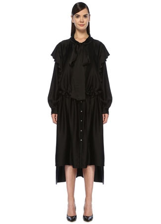 Faith Connexion Kadın Siyah Volanlı Beli Büzgülü Midi İpek Saten Elbise XS EU