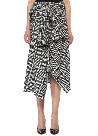 Faith Connexion Kadın Siyah Beyaz Taş Düğmeli Midi Tweed Gömlek Etek S EU