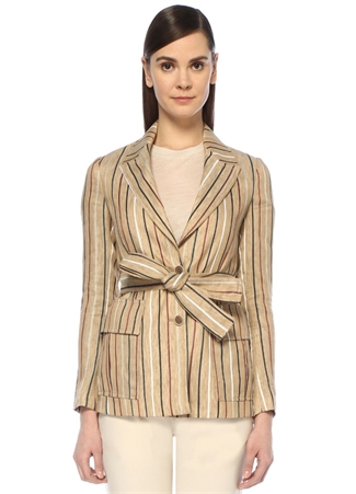 Eleventy Kadın Bej Kırlangıç Yaka Çizgili Kuşaklı Keten Ceket 40 IT