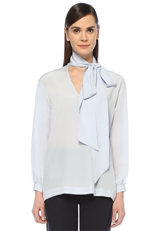 Eleventy Kadın Mavi V Yaka Yakası Bağcıklı Uzun Kol İpek Bluz 42 IT