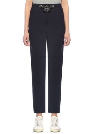 Eleventy Kadın Lacivert Yüksek Bel Bağcıklı Dar Keten Pantolon 44 IT