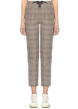 Eleventy Kadın Bej Beli Bağcıklı Ekoseli Dar Paça Keten Pantolon 44 IT