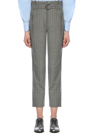 Eleventy Kadın Gri Yüksek Bel Çizgili Beli Kuşaklı Yün Pantolon Beyaz 46 IT