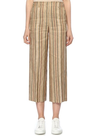 Eleventy Kadın Bej Çizgili Bol Paça Crop Keten Pantolon 40 IT