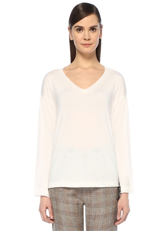 Eleventy Kadın Beyaz V Yaka Yanı Bağcık Detaylı Kaşmir Kazak S EU