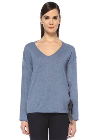 Eleventy Kadın Mavi V Yaka Yanı Bağcık Detaylı Kaşmir Kazak M EU