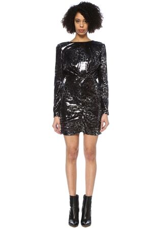 Msgm Kadın PM Silver Leoparlı İşlemeli Uzun Kol Mini Elbise Gri 40 IT