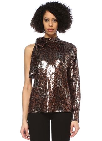 Msgm Kadın PM Leopar Desenli Tek Kollu İşlemeli Bluz Kahverengi 42 IT