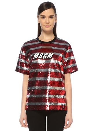 Msgm Kadın Silver Kırmızı Logo Patchli Payetli T-shirt 38 IT