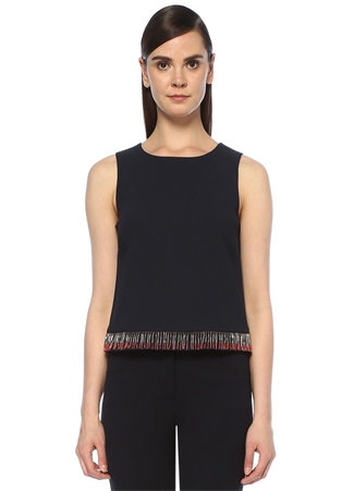 Emporio Armani Kadın Lacivert Ucu Boncuk İşlemeli Kolsuz Bluz 44 IT