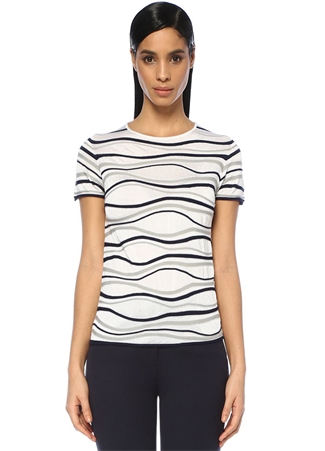 Emporio Armani Kadın Beyaz Lacivert Dalga Desenli Kısa Kollu Triko Siyah 40 IT