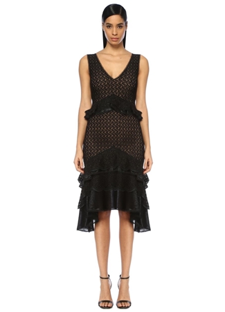 Jonathan Simkhai Kadın Siyah V Yaka Simli Volanlı Midi Dantel Elbise 4 US