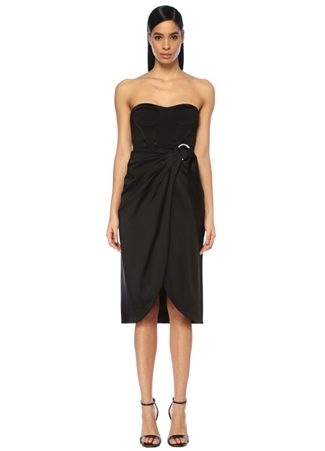 Jonathan Simkhai Kadın Siyah Büstiyer Detaylı Drapeli Midi Saten Elbise 2 US