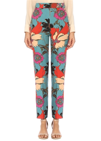 Etro Kadın Mavi Yüksek Bel Çiçekli Boru Paça Yün Pantolon 40 IT