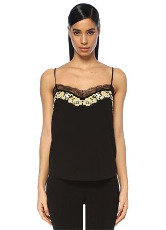 Etro Kadın Siyah İp Askılı Nakışlı Dantel Garnili İpek Bluz 42 IT